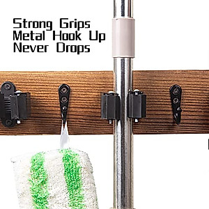 Mop and Broom Holder Wall Mount Solid Wood Broom Rack Wall Mount 4 Positions 3 Hooks for Home, Kitchen, Garden, Tools, Garage Organizing, Cleaning Supplies Organizer Indoor Outdoor