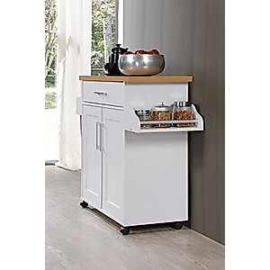 Hodedah Kitchen Island with Spice Rack, Towel Rack & Drawer, White with Beech Top, 15.5 x 35.5-44.9 x 35.2 inches