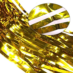 Sharlity 4PCS 3' X 8' Black and Gold Metallic Tinsel Foil Fringe Curtain Backdrop for 2023 New Years Eve, Halloween Party Decoration