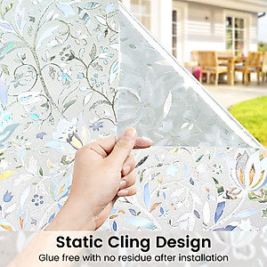 DOWELL Window Privacy Film, 3D Stained Glass Rainbow Window Decals, Decorative Window Vinyl Sun Blocker Door Covering, Static Cling Non-Adhesive Window Sticker for Home, Blooming Flowers, 17.5"x78.7"