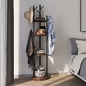 Espelism Rotary Coat Rack Freestanding Metal Coat Hall Tree Stand with 4 Tiers Storage Display Shelf and 9 Hooks for Entryway Bedroom Corner Office Garment Clothes Holder (Brown)