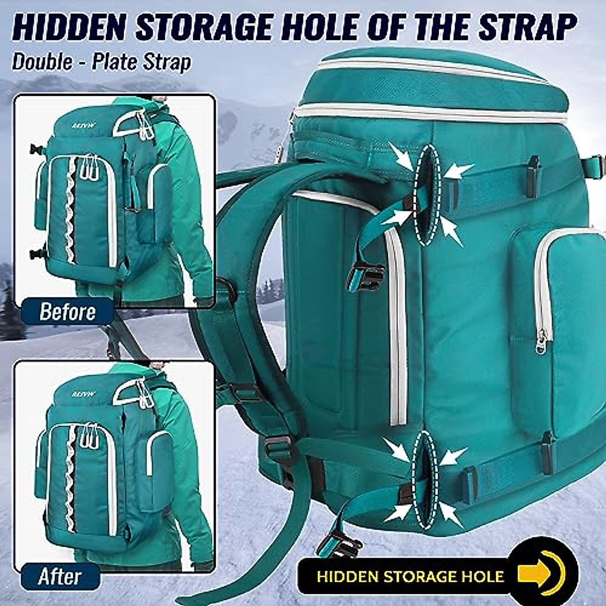 RESVIN Ski Boot Bag, 65L Durable Travel Backpack, 1680D Nylon Waterproof Snowboard Boot Bag, Skiing and Snowboarding Travel Luggage for Helmet, Goggles, Gloves, Outerwear & Accessories