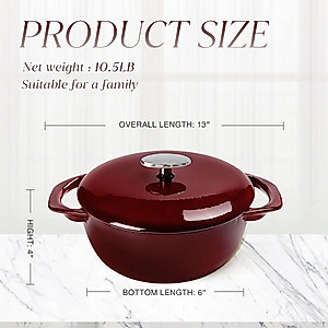 M-COOKER 3.5 QT Enameled Cast Iron Covered Dutch Oven, Non-Stick Round Enamel Dutch Oven with Dual Handle, Great Gifts for Family (Wine Red)