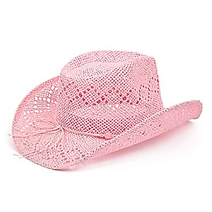 TOVOSO Straw Cowboy Hat for Women with Beaded Trim and Shapeable Brim, T52 Light Pink