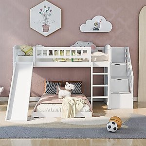 Harper & Bright Designs Twin Over Twin Bunk Beds with Slide and Stair, Solid Wood Low Bunk Bed with Storage Drawers and Guardrails for Kids Teens Bedroom, Guest Room Furniture (No Box Spring, White)