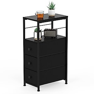 YBING Narrow Dresser, Side Table with 3 Fabric Drawers, Slim Dresser with Open Shelves, Slim Bedside Table for Bedroom, Small Spaces, Black