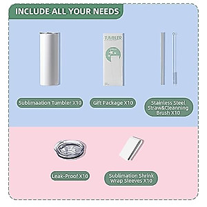 MURRICON Sublimation Tumblers 20 oz Skinny Straight,Stainless Steel Sublimation Blanks Skinny Tumbler,Double Wall Vacuum Insulated Sublimation Tumblers,with lid and straw,10 Pack