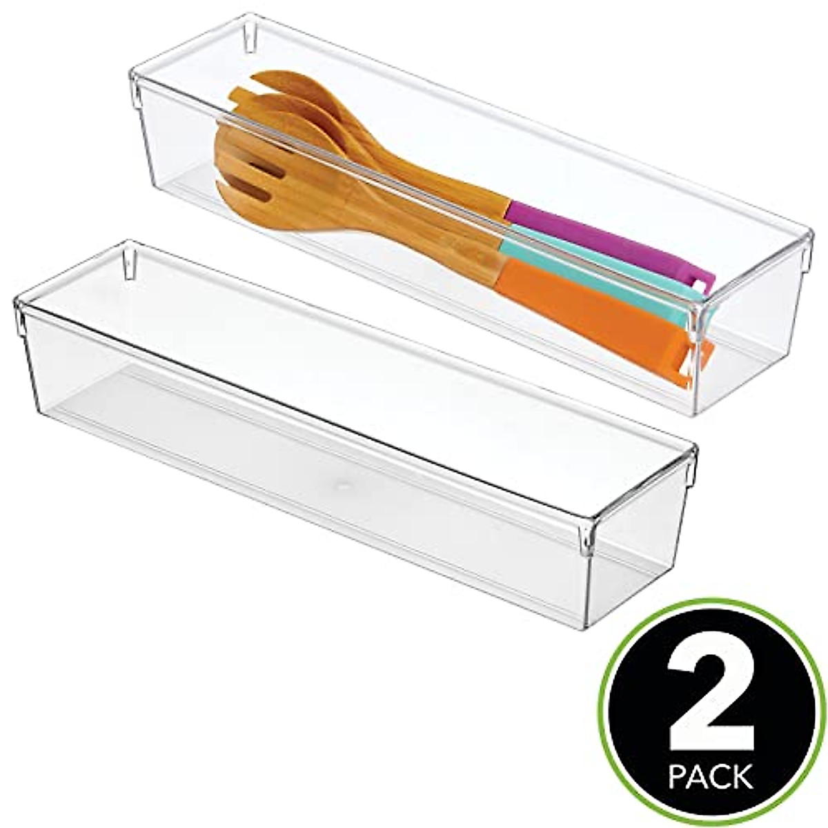 mDesign Plastic Stackable Kitchen Drawer Storage Organizer Tray Containers for Pantry, Drawers, Cupboard, Shelf, or Counter - Holds Utensil, Gadget, and Snacks - Lumiere Collection - 2 Pack - Clear