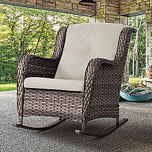 MeetLeisure Outdoor Wicker Patio Rocking Chair - All-Weather Lawn Rocking Wicker Furniture with Alloy Steel Frame & Premium Fabric Cushion, Beige