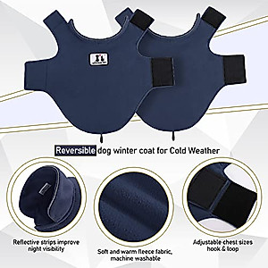 DENTRUN Windproof Winter Warm Fleece Medium Dog Coat Reversible Puppy Jacket Reflective Soft Pet Vest, Cold Weather Dog Sweater Apparel Leash Access Overcoat for Medium Breeds, NavyBlue, M