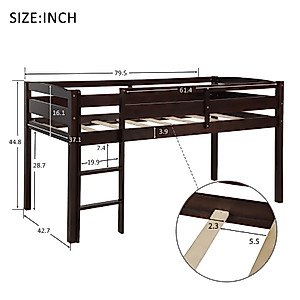 Bellemve Low Loft Bed Twin Size Wooden Loft Bed Frame with Ladder for Kids Girls Boys Teens, Espresso