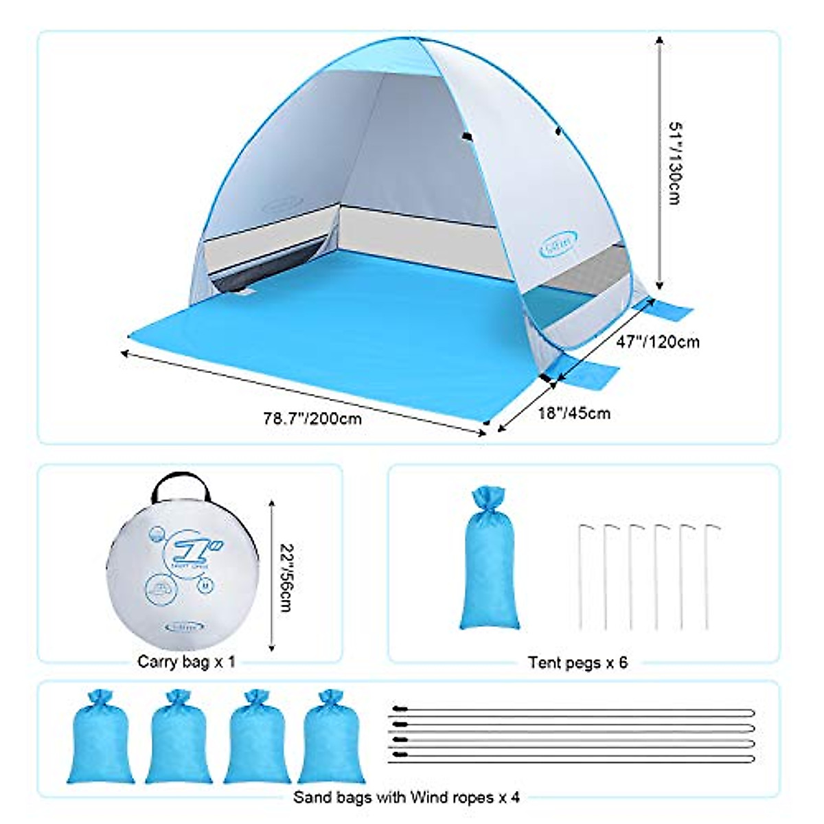G4Free Large Pop up Beach Tent for 3-4 Person, UPF 50+ Automatic Sun Shelter Canopy Portable Outdoor Cabana Sun Umbrella
