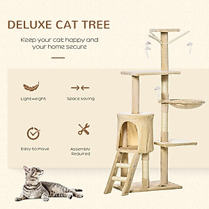 PawHut 53" Plush Sturdy Interactive Cat Condo Tower Scratching Post Activity Tree House - Beige