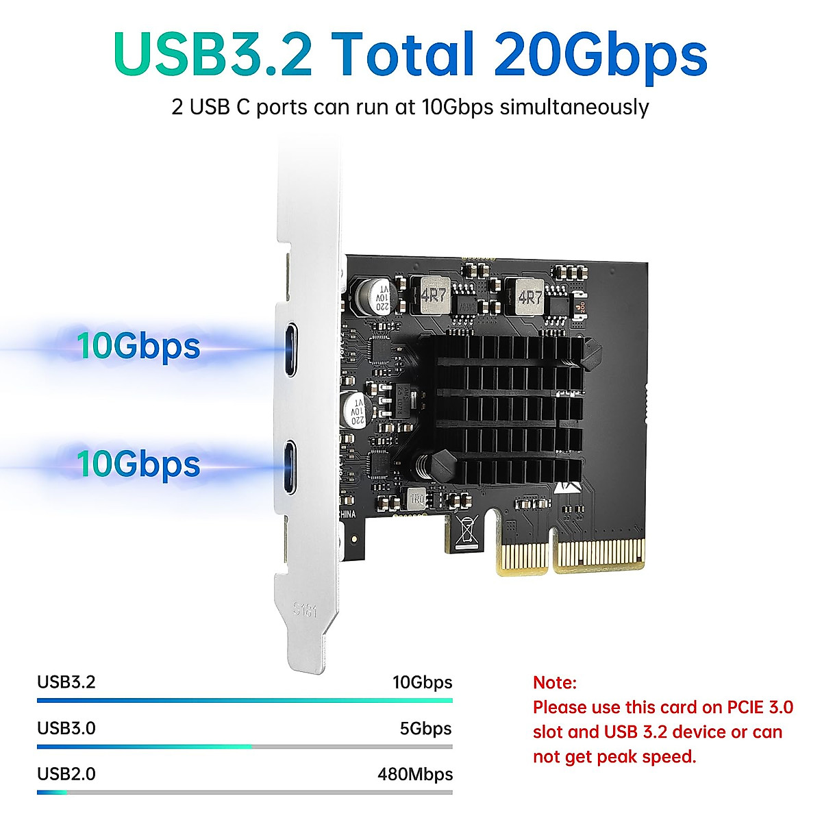 ELUTENG PCIE to USB 3.2 Expansion Card 10Gbps 2 USB C Ports Max Speed PCI-E Type C USB 3.2 Gen2 Card with Large-Area Heatsink USB Front Panel Adapter for Windows 11/10/8/7/XP/Linux/Mac OS