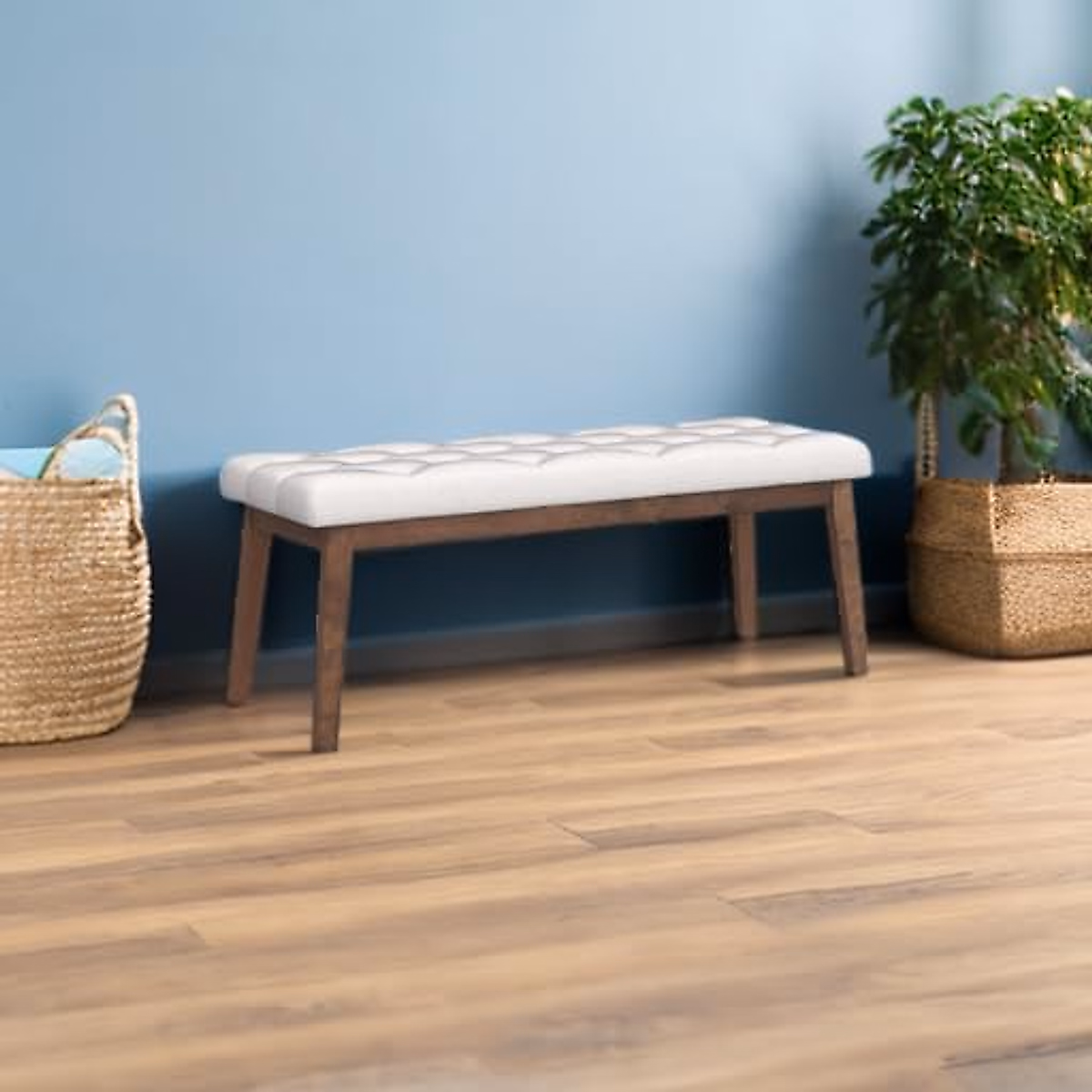 HUIMO Button-Tufted Bench for End of Bed, Entryway Bench with Upholstered Linen Fabric, Ottoman Bench for Living Room,Dining Bench for Kitchen(Beige)