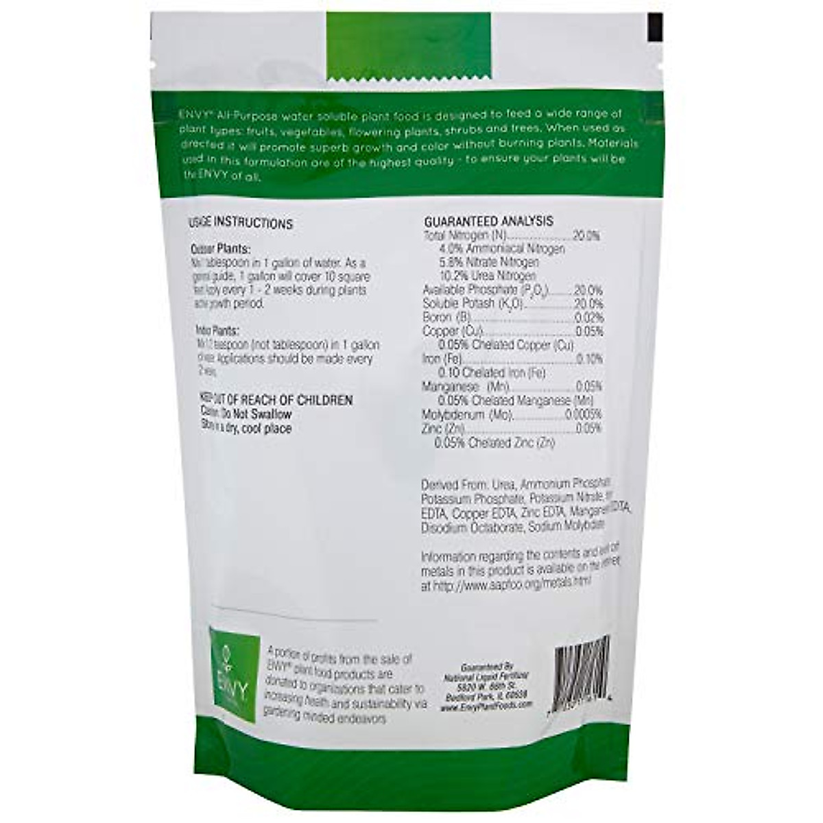 ENVY Professional Grade All-Purpose Plant Food (20-20-20) 100% Water Soluble - in Resealable Pouch W/Measuring Scoop (1.5 lb)