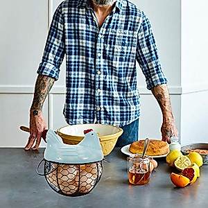 DOITOOL Metal Mesh Egg Basket Ceramic Egg Storage Basket with Farm Chicken Top for Home Kitchen Egg Holder Food Storage Container (Blue)