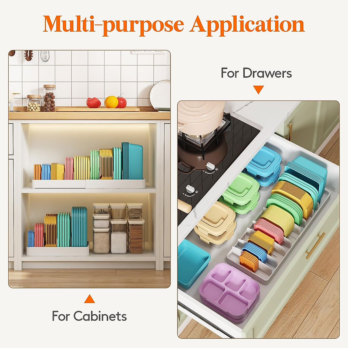 Lifewit Lid Organizers for Cabinet Adjustable, Extra Large 13-24" Food Storage Container Lid Divider with 8 Inserts & 21 Compartments, Plastic Lid Holder Inside Cabinet in Kitchen/Pantry Organization