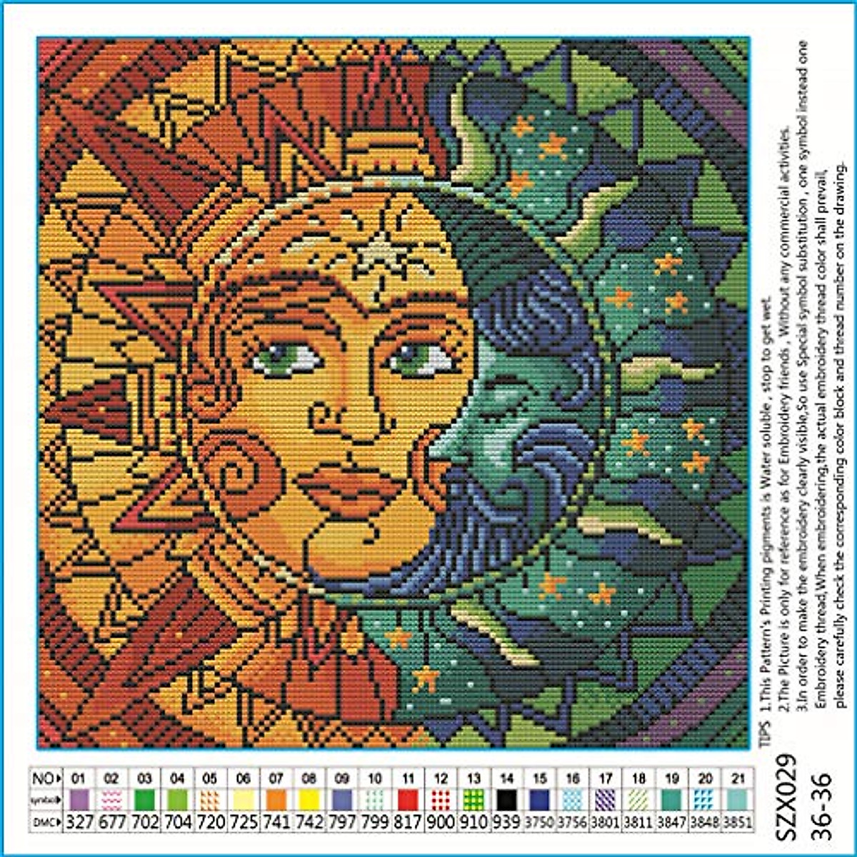 Abillyn Embroidery Cross Stitch Kits Sun and Moon Stars Fractal Face Hippie Stamped with Printed Pattern Starter Kit (Sun)