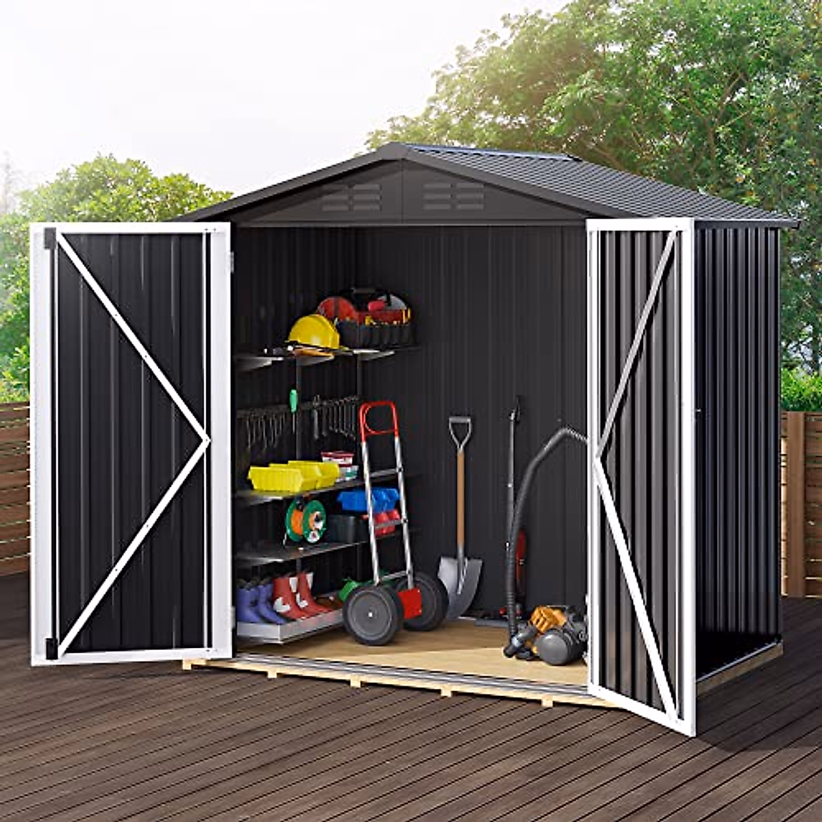 DWVO 6 x 4FT Outdoor Storage Shed, Large Metal Tool Sheds, Heavy Duty Storage House with Lockable Doors & Air Vent for Backyard Patio Lawn to Store Bike, Tool, Lawnmower, Waterproof, Black