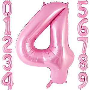 Pink Number 4 Balloon 40 Inch, Big Large Foil Helium Number Balloons, Jumbo Giant Mylar Number 4 Balloons for 4 Year Old Birthday Party Decorations Supplies Anniversary Celebration