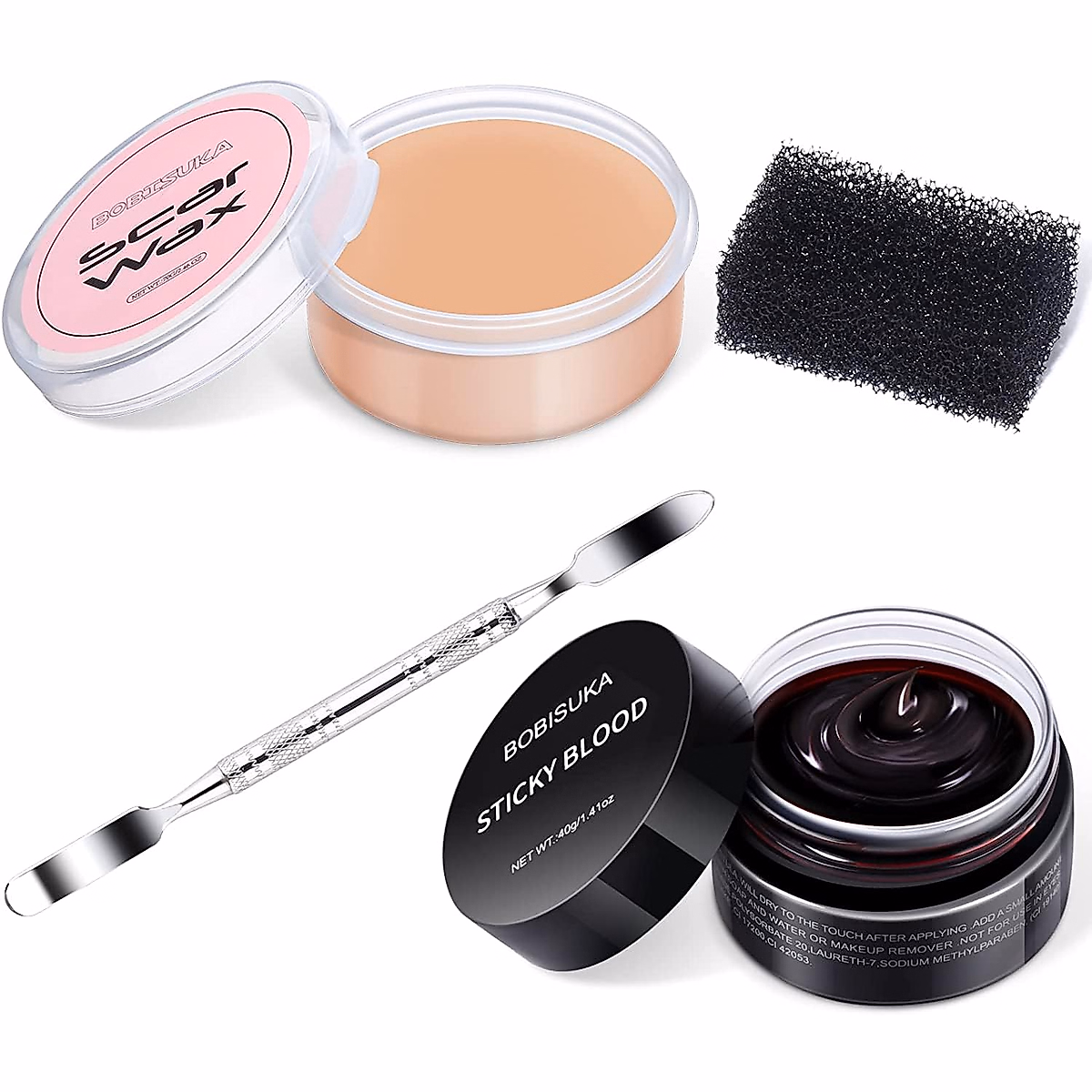 BOBISUKA 4 Piece Halloween SFX Special Effects Makeup Kit - Modeling Scar Wax + Coagulated Blood with Spatula Tool and Black Stipple Sponge All in One (VAMPIRE SET)