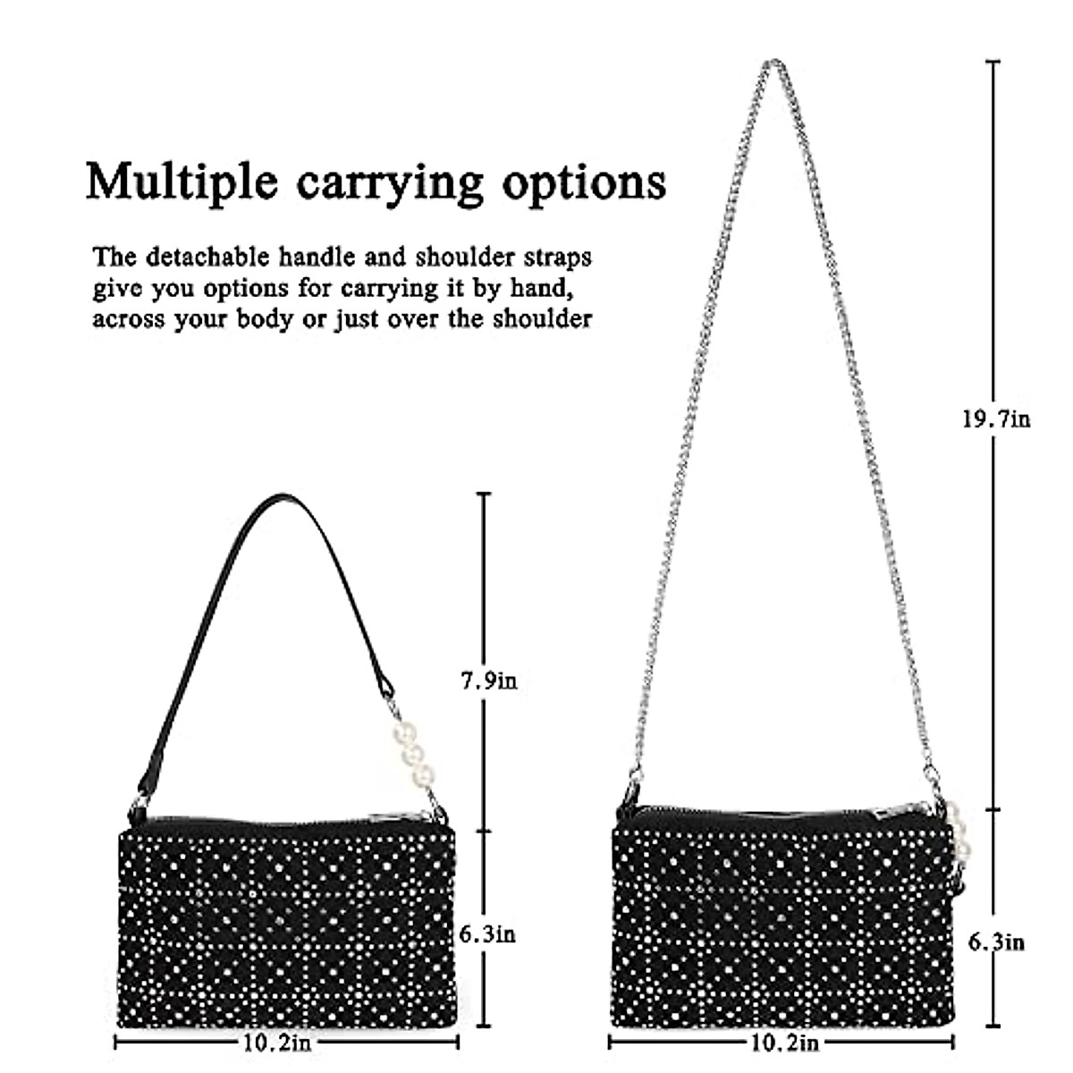 Women Rhinestone Purse Evening Clutch Bag Chain Crossbody Shoulder Bag Tote Handbag for Party Prom Wedding (Black)