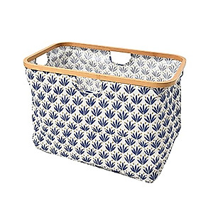 Household Essentials Bamboo Rimmed Krush Basket with Cutout Handles, Blue Cacti