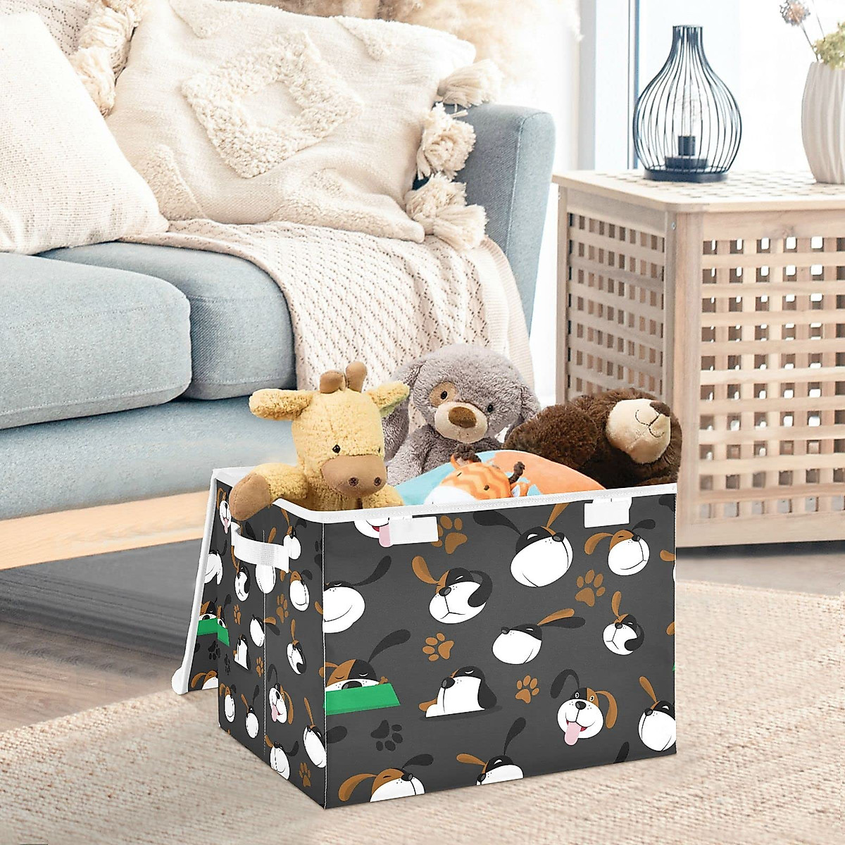 DOMIKING Funny Dog Paw Large Storage Bin with Lid Collapsible Shelf Baskets Box with Handles Toys Organizer for Nursery Drawer Shelves Cabinet
