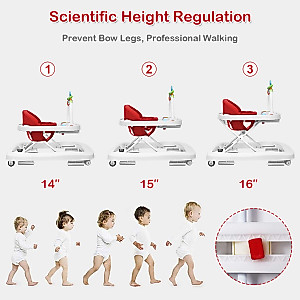 BABY JOY Baby Walker, 2 in 1 Foldable Activity Behind Walker with Adjustable Height & Speed, Friction Control Functions, Safety Belt, High Back Padded Seat, Music, Detachable Penguin Play Bar (Red)