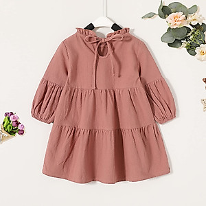 Toddler Kids Baby Girl Dress Lantern Long Sleeve Solid Color Casual Dresses Girls Fall Winter Outfit Clothes (3-4T, Deep Pink)