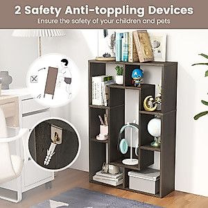 Tangkula 35.5” Geometric Bookshelf, Freestanding Wood Open Bookcase with 7 Cubes, Anti-Toppling Devices, Home Office Décor Rectangular Storage Shelf Display Rack for Study Living Room (1, Gray)