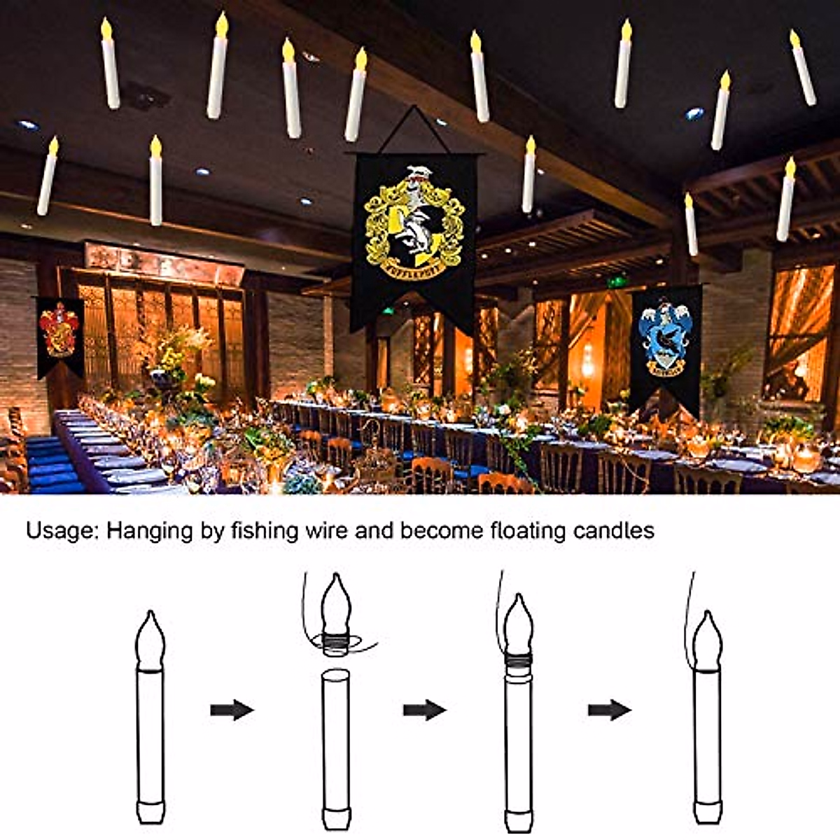 Halloween Decoration, Maigcal Floating Candles with Remote, Hanging Floating Taper Candles Flickering, Battery Operated Window Candles for Halloween Party Magic Scene Christmas Wedding