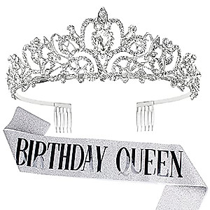 Birthday Crown & Birthday Queen Sash Set, Aprince Rhinestone Tiaras and Crowns for Women Girls Silver Tiara Birthday Silver Sash Princess Tiaras Queen Crowns for Birthday Prom Photoshoot