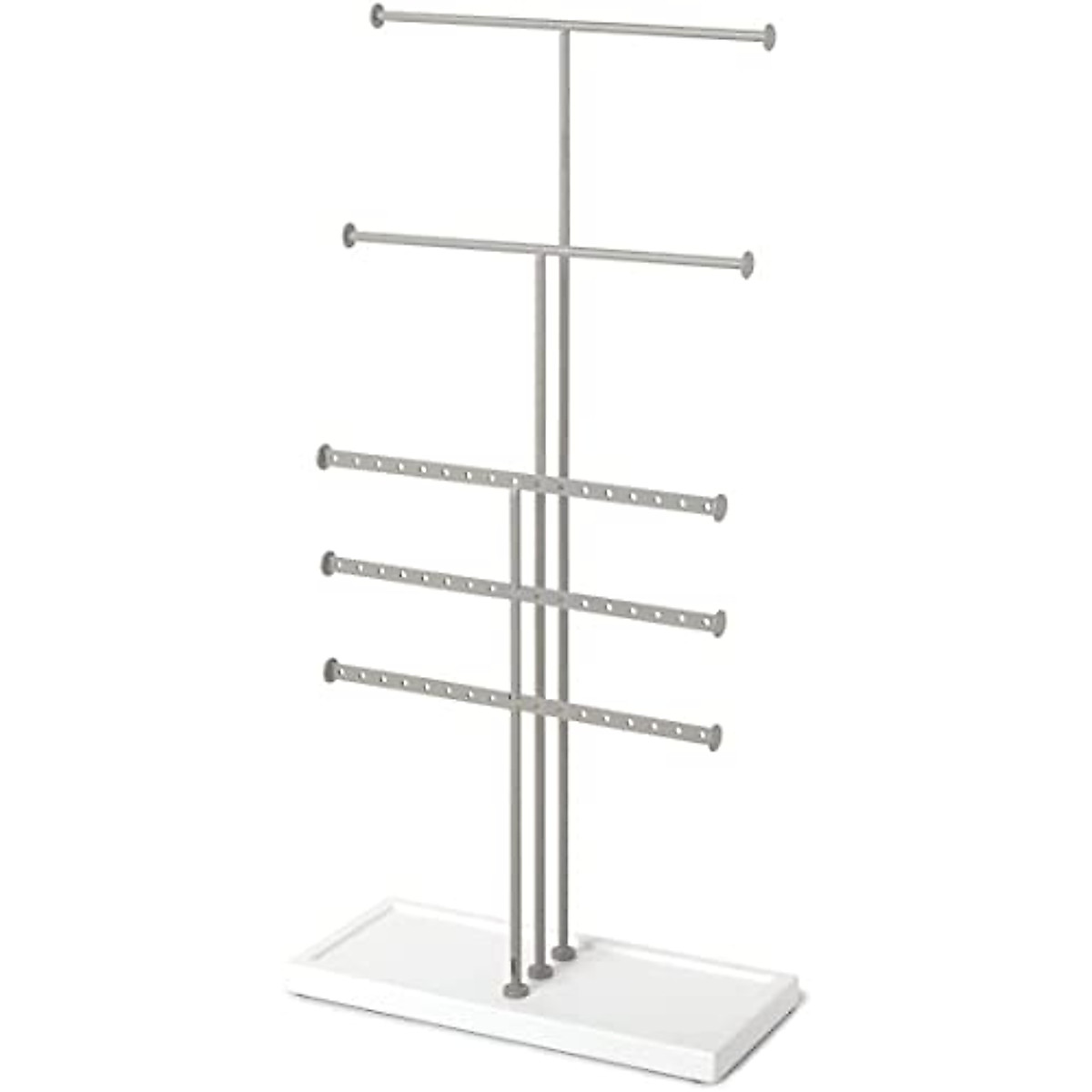 Umbra Trigem Tiered Tabletop Jewelry Organizer Freestanding Hanging Necklace, Earring and Bracelet Display, 5, White/Nickel