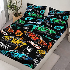 HOSIMA Child's Cartoon Sports Car Fitted Sheet 3Piece Set with 2 Pillowcases,Racing Car Bedding for Boys and Girls,Fast and Furious Extreme Sport Games Fitted Sheet,Black Twin Fitted Sheet Set.