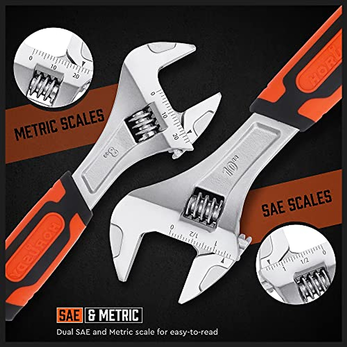 HORUSDY 3-piece Adjustable Wrench Set, 6-Inch 8-Inch & 10-Inch, Metric & SAE Scales, Extra-Wide Jaw Crescent Wrenches Set