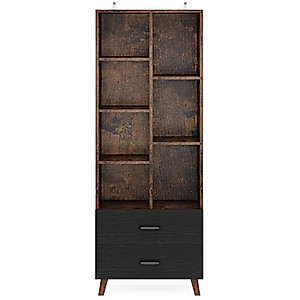 Tribesigns 5 Tier Tall Bookshelf with 2 Storage Drawers, Set of 2, 5 Shelf Mid-Century Modern Bookcase, Free Standing Vintage Narrow Book Shelves for Bedroom, Living Room, Rustic Brown