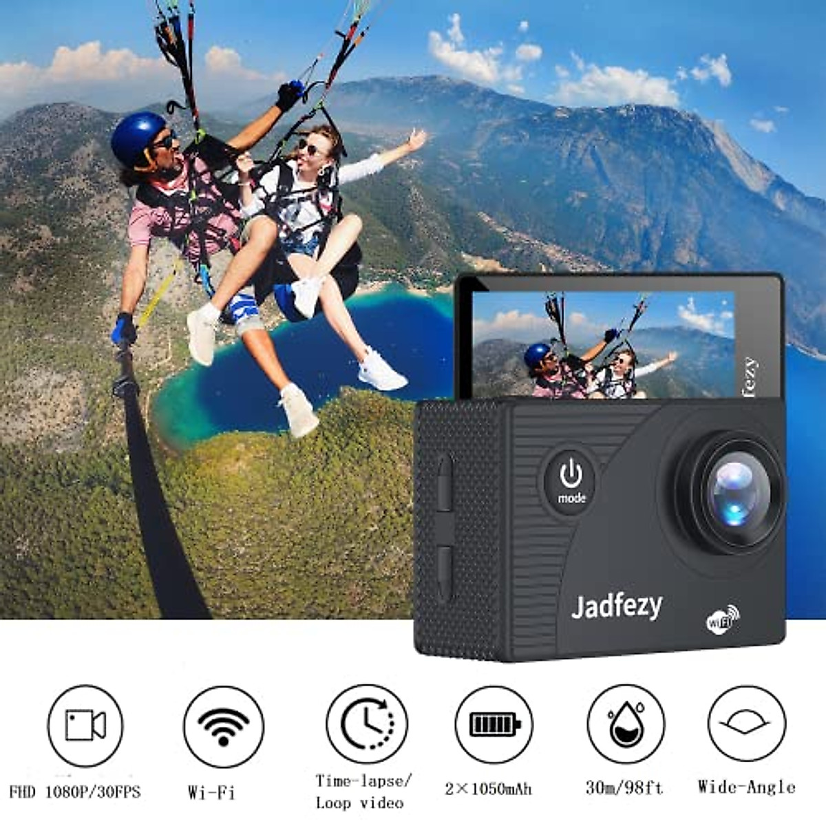 Jadfezy WiFi Action Camera Ultra HD 1080P, 12MP Sports Camera Wide-Angle 2" LCD Screen, 30m/98ft Underwater Waterproof Camera with 2 Batteries and Accessories Kit for Helmet and Bicycle etc.