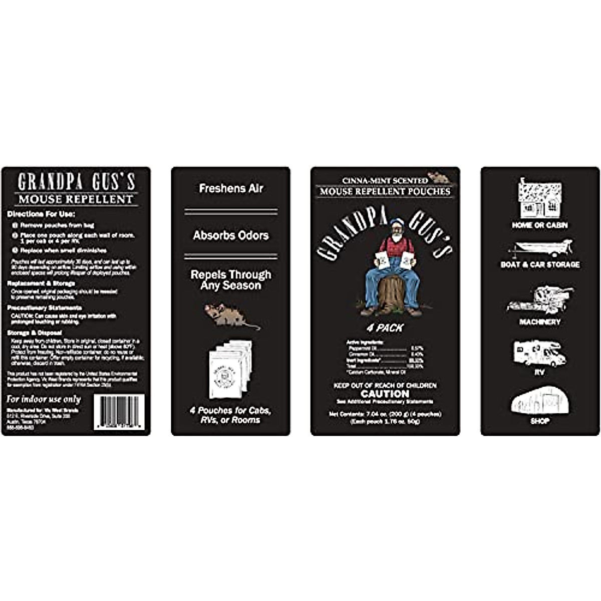 Grandpa Gus's Extra-Strength Mouse Repellent, Cinnamon/Peppermint Oils Repel Mice from Nesting & Freshen Air in Car/RV/Boat/Garage/Shed/Cabin, 1.75 Oz (4 Pouches)