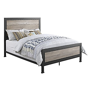 Walker Edison Rustic Farmhouse Wood and Metal Queen Metal Bed Headboard Footboard Bed Frame Bedroom, Queen, Grey Wash