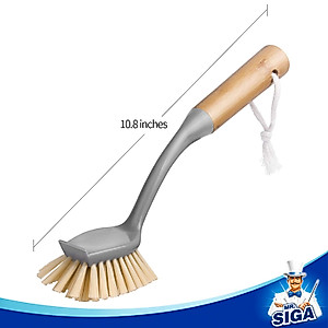 MR.SIGA Dish Brush with Long Bamboo Handle Built-in Scraper, Scrub Brush for Pans, Pots, Kitchen Sink Cleaning, Pack of 2