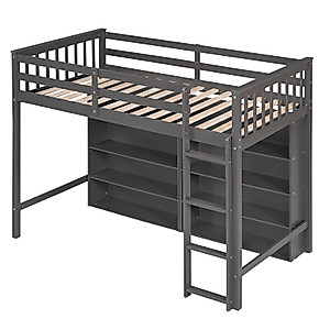 Harper & Bright Designs Twin Size Loft Bed with Storage, Wooden Loft Bed Frame with 8 Open Storage Shelves and Built-in Ladder, Gray