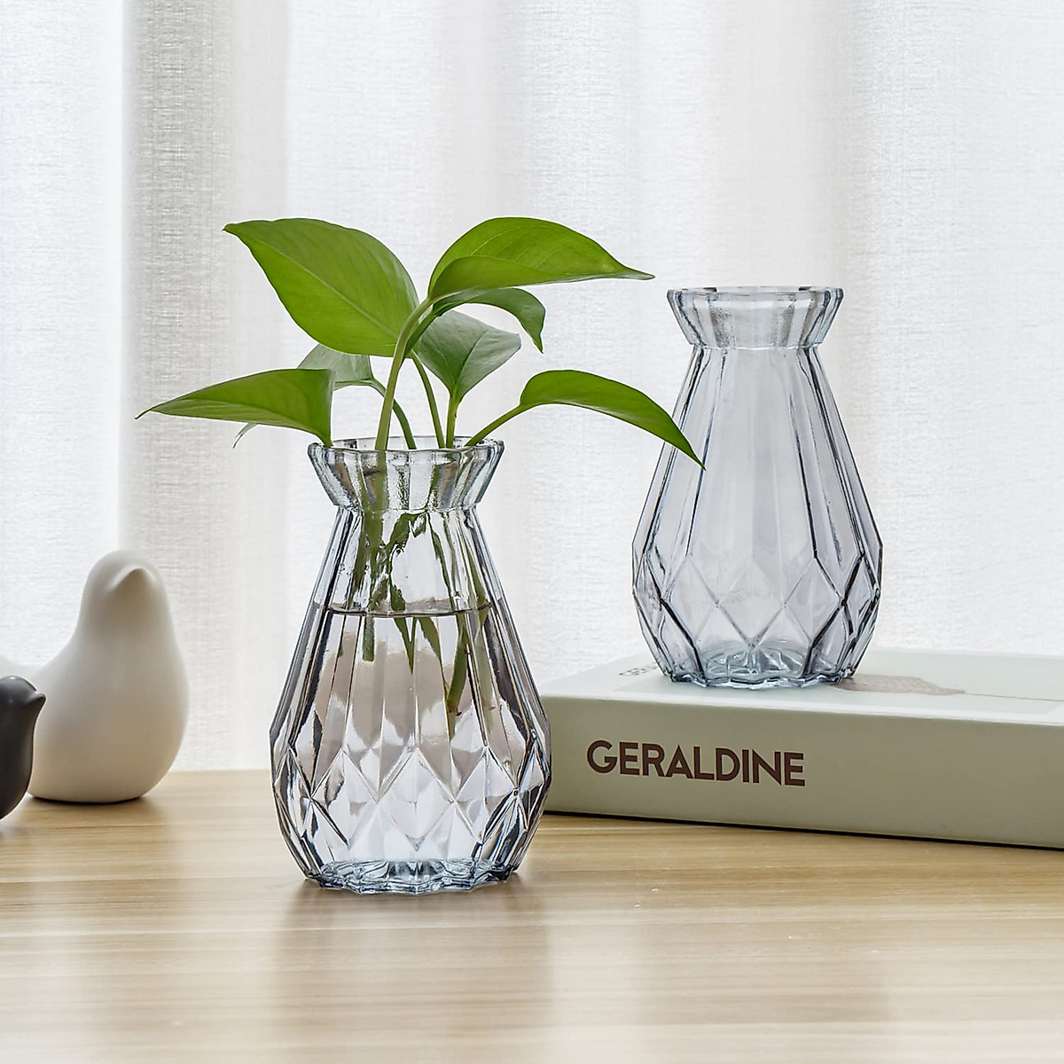 MyGift Small Clear Gray Glass Decorative Vase, 6 Inch Diamond-Faceted Flower Bud Vase, Set of 2