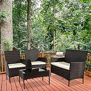 4 Pieces Outdoor Furniture Set Patio Rattan Conversation Furniture Set All-Weather Wicker Bistro Set Comfortable Chairs and Coffee Table Outdoor Indoor Use Patio Poolside Backyard Garden (Brown)