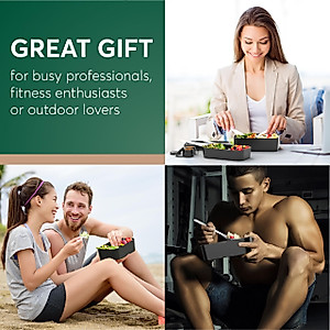 Umami Lunch Box Containers w/ 4 Utensils, 2 Sauce Jars, Nestable Space-Saving Bento Box Adult, 100% Leakproof, Microwavable Lunch Containers for Adults, Design Award Winner, Black, 30 oz