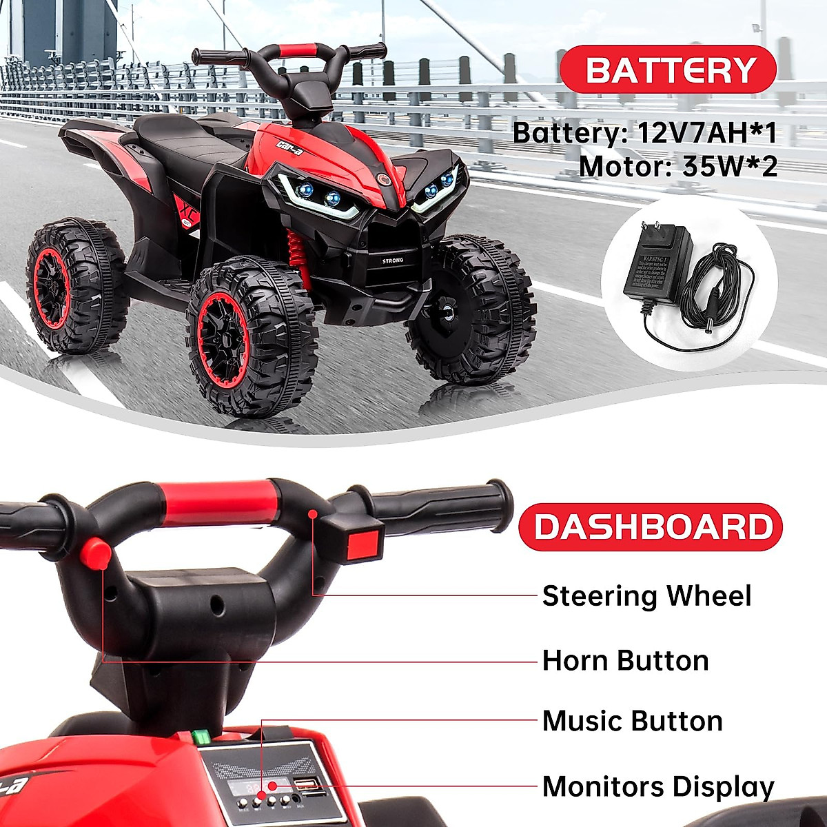 12V Kids Ride-On Electric ATV, 4-Wheeler Off-Road 4WD Car Toy w/2 Control Modes, Treaded Tires, LED Lights, Accelerator Handle,Foot Pedal,Spring Suspension,AUX Port red