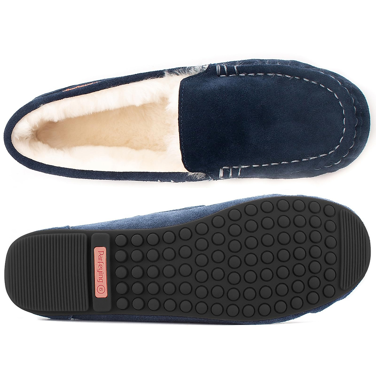 Parfeying Women's Sheepskin Moccasin Slippers Cow Suede Memory Foam Driving Style Loafers,L20102 INDI 9US Indigo/Indigo