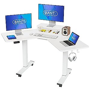 BANTI L-Shaped Electric Standing Desk, 48 Inch Adjustable Height Stand Up Desk with Monitor Stand, Sit Stand Home Office Desk with White Top