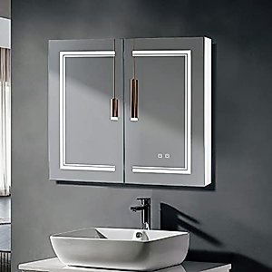 Lighted Medicine Cabinet with Mirror, LED Bathroom Wall Cabinet with Anti-Fog Mirror, OSB Board, 2 Door, 3-Color Lighting, Adjustable Brightness, Power-Off Memory, 2 Plugs, 2 USB Ports, White